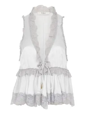 Chloé Lace-Trimmed Silk Satin Top Grey