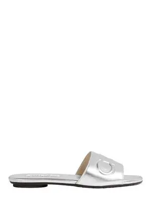 JIMMY CHOO Tiaret Embossed Metallic Leather Slides - Silver