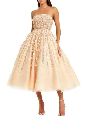 Mac Duggal Embellished Lace Strapless Midi A-line Dress - Champagne