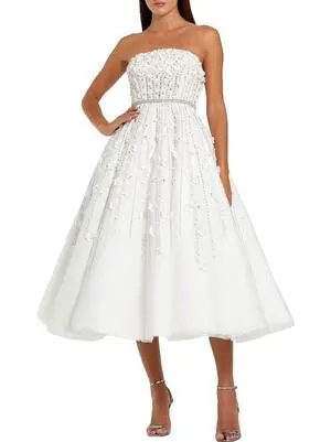 Mac Duggal Embellished Lace Strapless Midi A-line Dress - Ivory