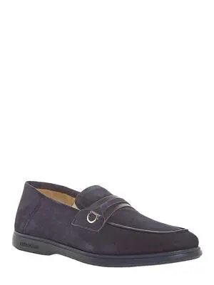 FERRAGAMO Drame Suede Gancini Loafers - Navy