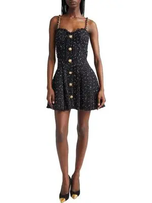 Balmain Chain Strap Polka Dot Tweed Fit & Flare Dress - Blk/ White