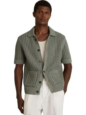 REISS Amir Crochet Button-through Shirt Sage Green