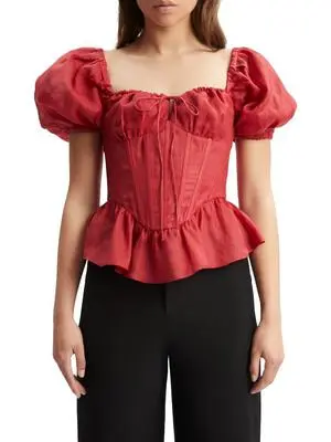 Bardot Esra Puff Sleeve Ramie Corset Top - Fire Red
