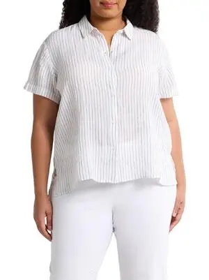 Eileen Fisher Stripe Organic Linen Button-up Shirt - White/ Black