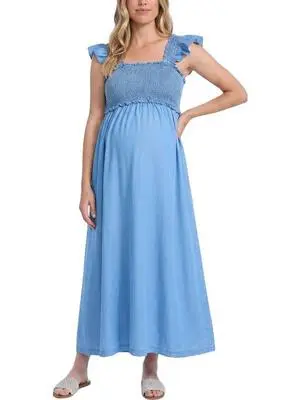 Motherhood Maternity Sleeveless Ruffle Shoulder Smocked Maxi Dress - Chambray