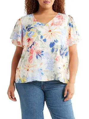 Vince Camuto Floral Tulip Sleeve Top - Ultra White