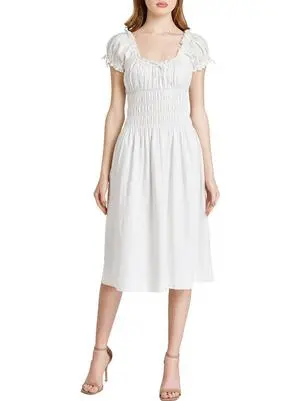 WAYF Adelina Shirred Linen-blend Midi Dress - Ivory