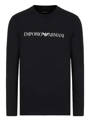 Emporio Armani Pima-jersey Jumper With Printed Logo - Navy