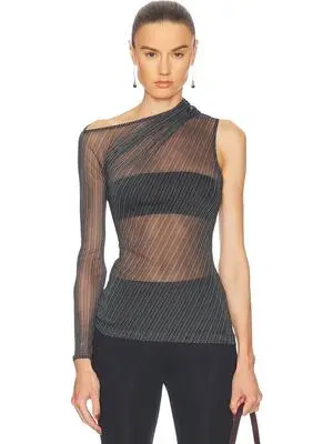 COURREGES One Shoulder Striped Mesh Top - Black & Ruby