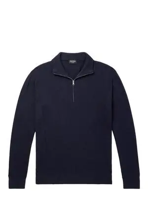 Zegna Ribbed Cashseta Zip-Up Sweater Blue