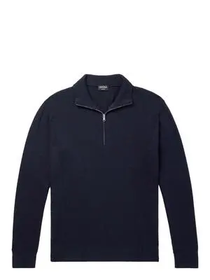 Zegna Ribbed Cashseta Zip-Up Sweater Navy
