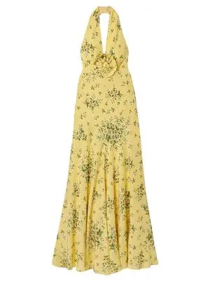 RODARTE Appliquéd Floral-print Silk Halterneck Gown - Yellow