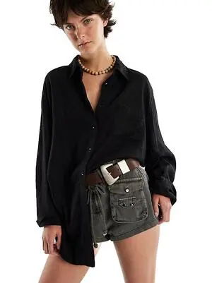 Free People Everyday Linen Shirt Black
