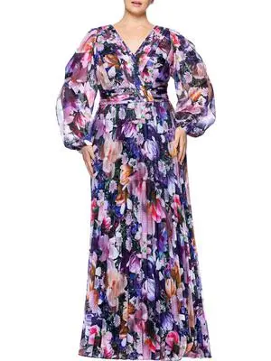 Betsy & Adam Metallic Floral Pleated Gown - Purple Multi