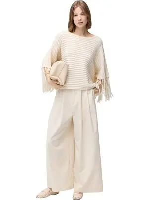 GOBI MONGOLIAN CASHMERE Fringed Sleeve Cashmere Poncho - White