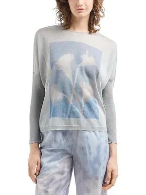Emporio Armani Semi-sheer Lurex Sweater With Floral Print - Silver/sky Blue