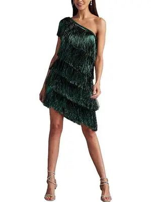 Tadashi Shoji Sonny Metallic Fringe Mini Dress - Green