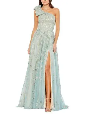 Mac Duggal Embellished Bow One Shoulder A-line Gown - Sage