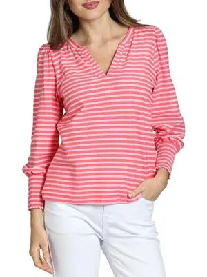 APNY Stripe Puff Shoulder Top - Pink/ Coral