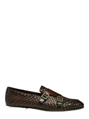 Santoni Woven Leather Monk Shoes - Brown