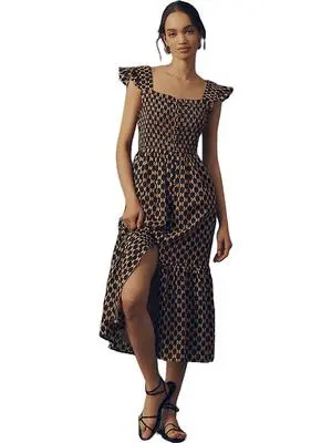 Anthropologie Peregrine Square-neck Midi Dress - Black Pattern