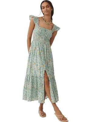 Anthropologie By Anthropologie Peregre Square-Neck Midi Dress Blue Floral