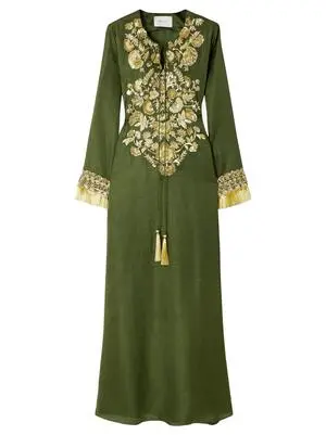 SHATHA ESSA Fringed Embellished Embroidered Gown - Green