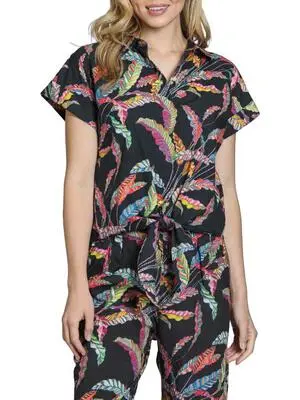 APNY Leaf Print Cotton Camp Shirt - Black Multi