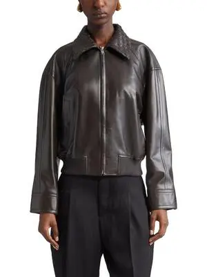 Bottega Veneta Intrecciato Leather Bomber Jacket - 2113 Fondant