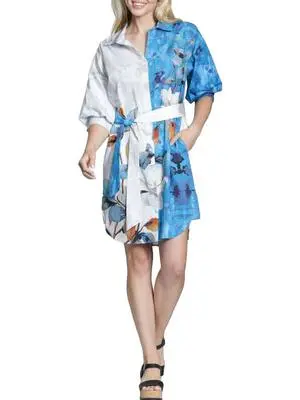 APNY Print Cotton Shirt Dress - Blue Multi