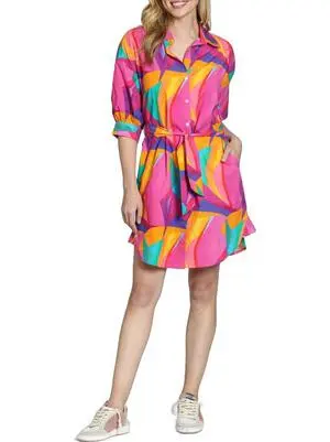 APNY Print Cotton Shirt Dress - Pink/green Multi