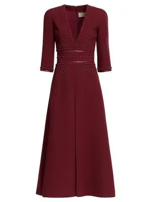 Elie Saab Embellished Wool & Leather Midi Dress - Burgundy