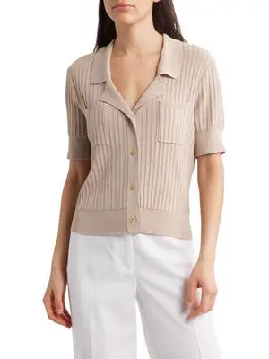 TAHARI ASL Pointelle Stitch Short Sleeve Cardigan - Sand