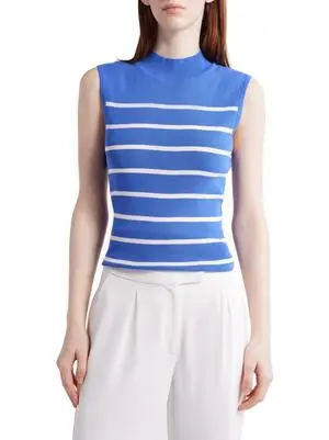 TAHARI ASL Striped Sleeveless Mock Neck Sweater - Pacific Blue Ivory
