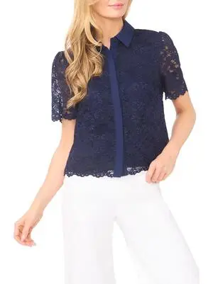 CECE DUPRAZ Floral Lace Button-up Shirt - Classic Navy