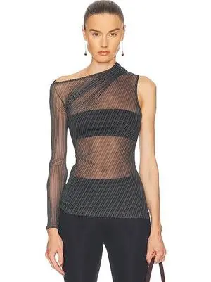 COURREGES One Shoulder Striped Mesh Top - Black & Ruby