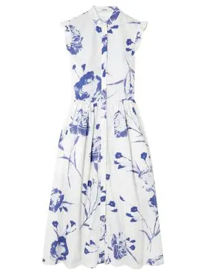 Erdem Gathered Ruffled Floral-print Cotton-poplin Midi Dress - White