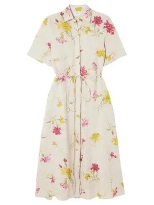 Erdem Belted Floral-print Linen Midi Shirt Dress - Neutrals