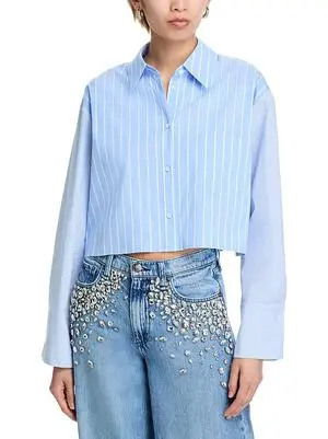 Alice + Olivia Striped Cropped Poplin Shirt - Oxford Blue Multi