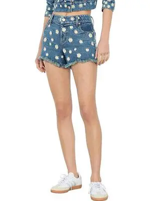 Alice + Olivia Warren Embroidered Cutoff Shorts - Medium Wash