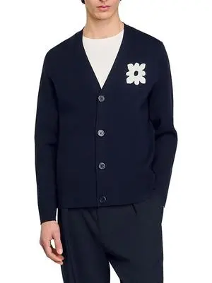 Sandro Flower Patch Regular Fit Cardigan - Navy Blue