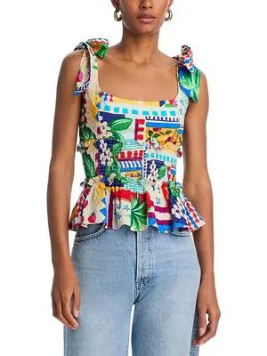 Aqua Smocked Tie Tank Top - Cherry Multi