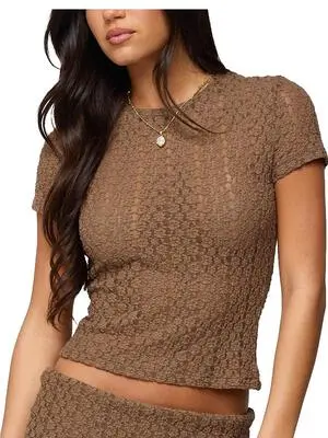 EDIKTED Rye Sheer Textured T-shirt - Brown