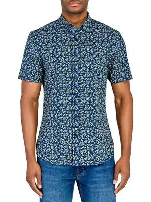 CON.STRUCT Slim Fit Mini Floral Recycled 4-way Stretch Performance Short Sleeve Shirt - Navy