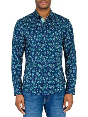 CON.STRUCT Slim Fit Lily Bouquet Recycled 4-way Stretch Performance Long Sleeve Shirt - Navy/green