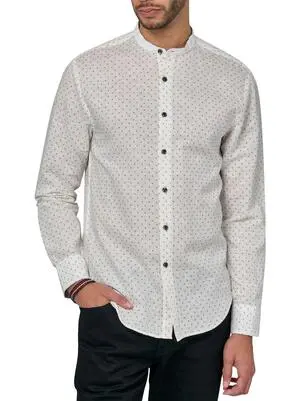 BROOKLYN BRIGADE Slim Fit Geo Linen Cotton Banded Collar Long Sleeve Shirt - White