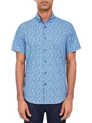 BROOKLYN BRIGADE Slim Fit Ditsy Floral 4-way Stretch Performance Short Sleeve Shirt - Blue