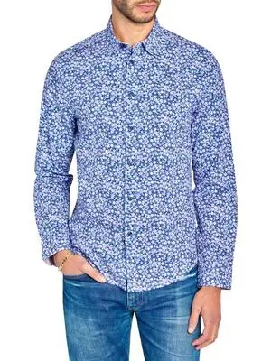 BROOKLYN BRIGADE Slim Fit Mini Floral Recycled 4-way Stretch Performance Long Sleeve Shirt - White/blue
