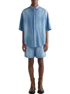 Acne Studios Oversize Short Sleeve Cotton & Linen Chambray Button-up Shirt - Mid Blue